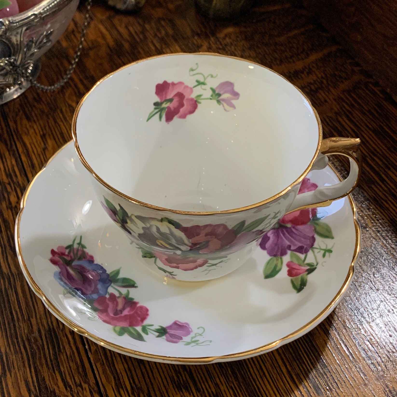 Pink, Purple, and White Floral Vintage Teacup and Saucer by Regency Ch ...