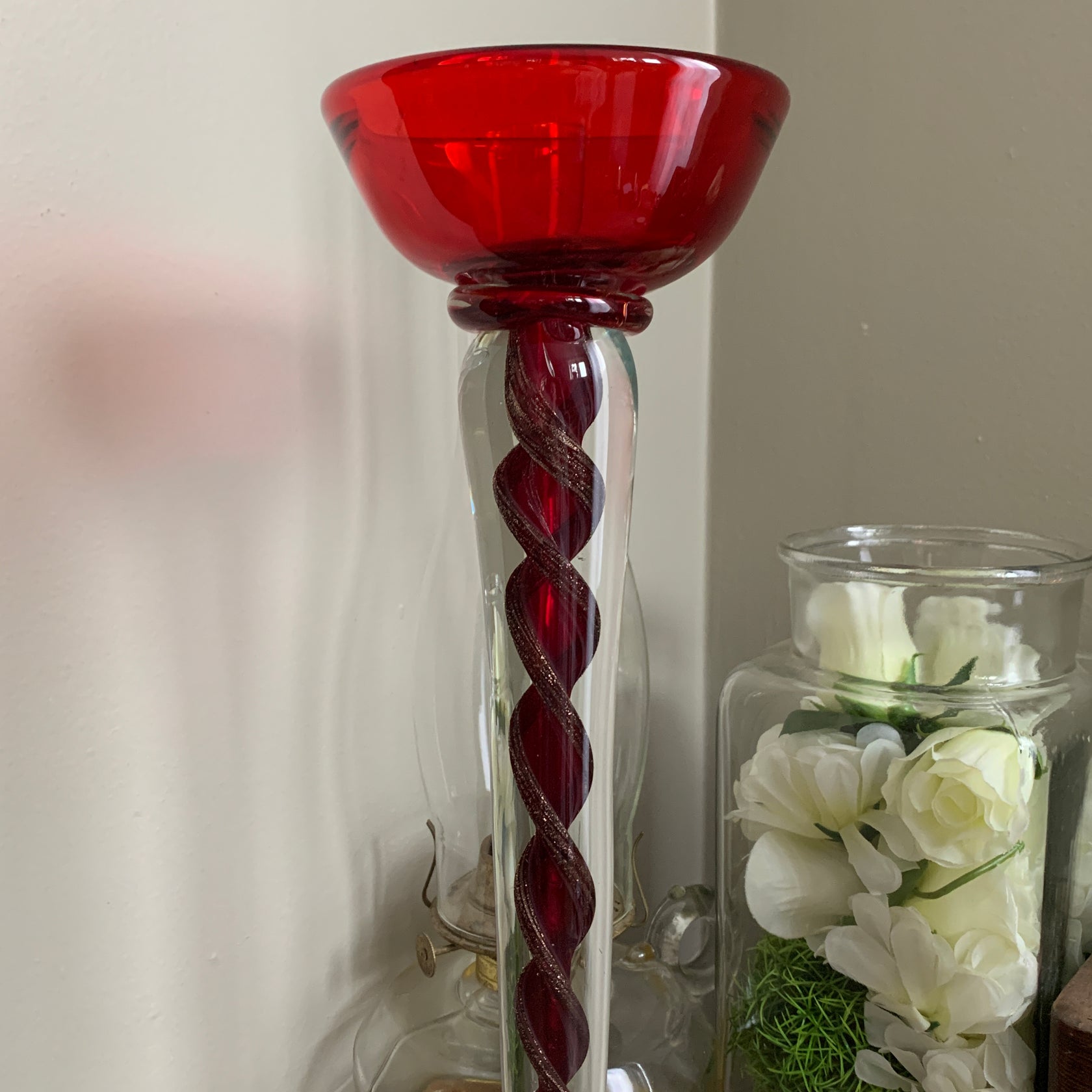 Red Art Glass Tall Display Piece with Red and Gold Twisted Stem ...